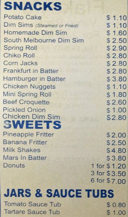 Menu at Flakey Jake's fast food, Ashwood
