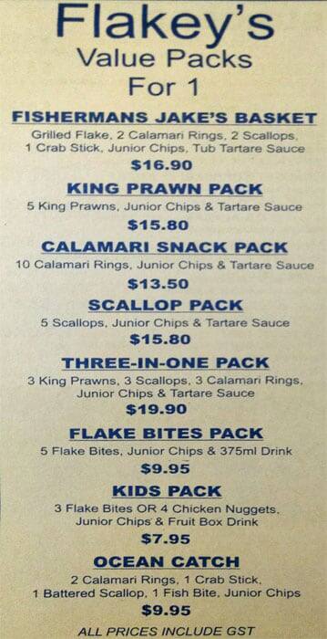 Menu at Flakey Jake's fast food, Ashwood