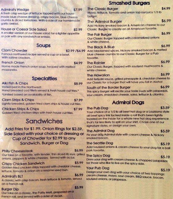 Menu at Admiral Pub, Seattle