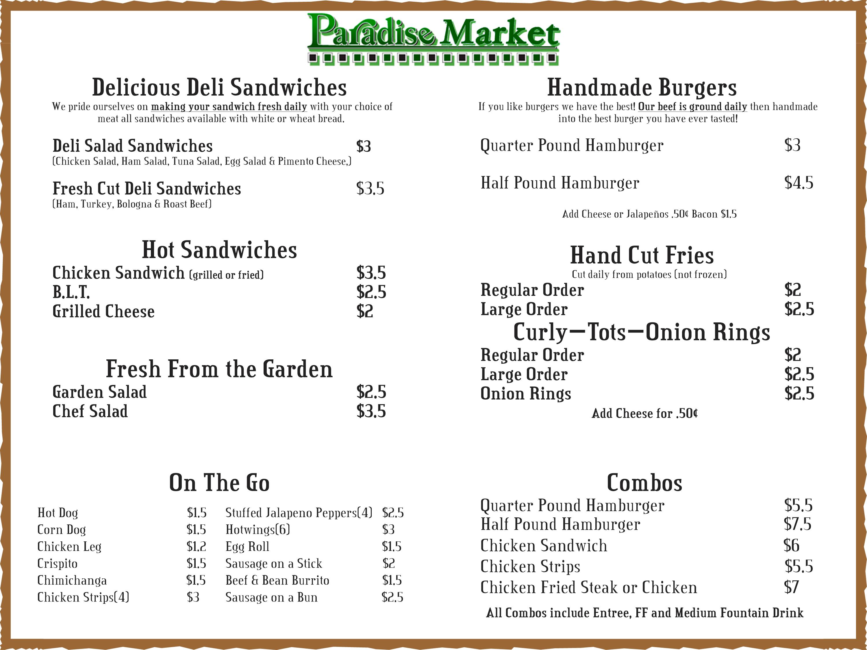 Menu at Paradise, Argyle