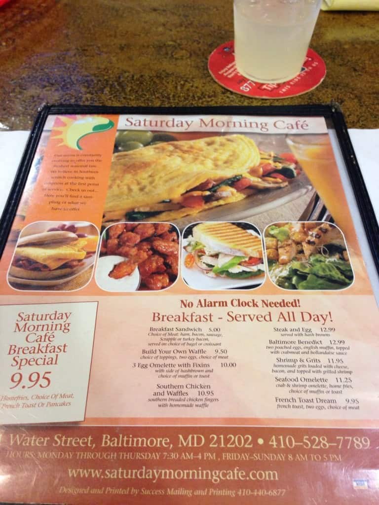 Menu at Saturday Morning Cafe, Baltimore