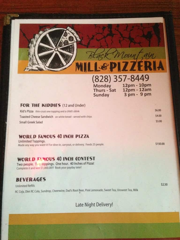 Menu at The Mill Pizzeria, Black Mountain