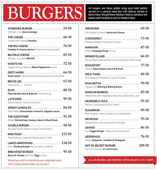 Menu at Burger Bistro, Pretoria, 591 Braam Pretorius Street