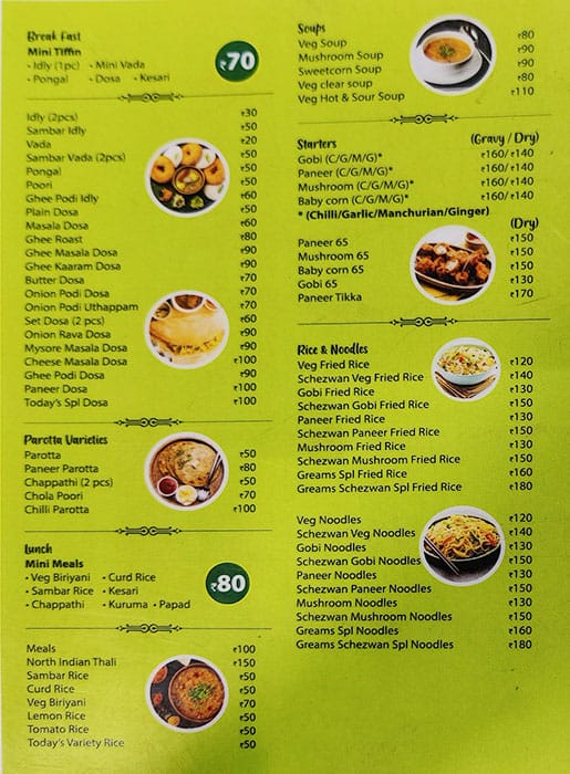 Menu of Greams cafe, Thousand Lights, Chennai