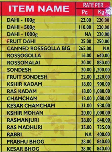Menu at KC Das - Sweet Junction, Bengaluru
