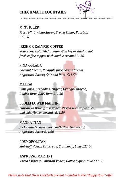 Menu at Checkmate Bar, London