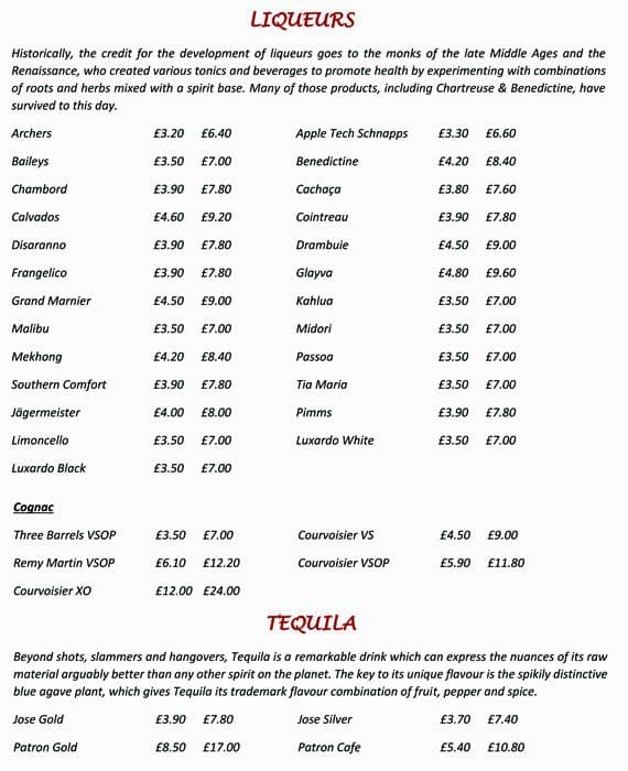 Menu at Checkmate Bar, London