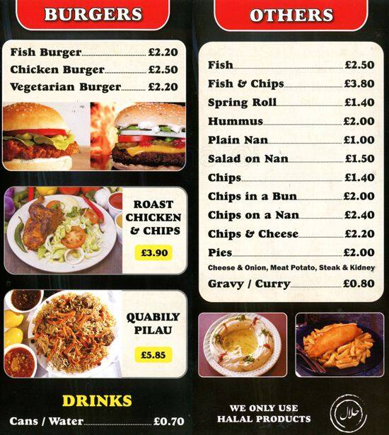 Menu at Rusholme Chippy restaurant, Manchester, 62 Wilmslow Rd