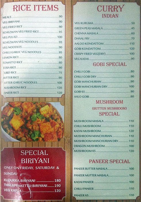 Menu at Rajanagiri Pure Vegetarian Restaurant, Ernakulam
