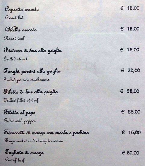 Menu at Hostaria Romana restaurant, Rome, Via del Boccaccio