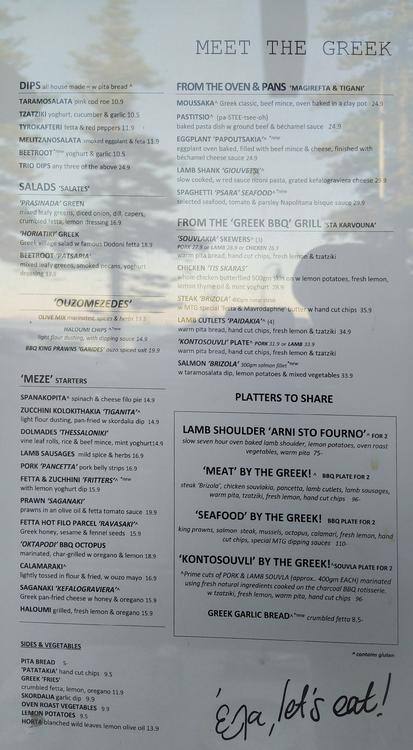 Menu at Meet the Greek restaurant, Brighton-Le-Sands