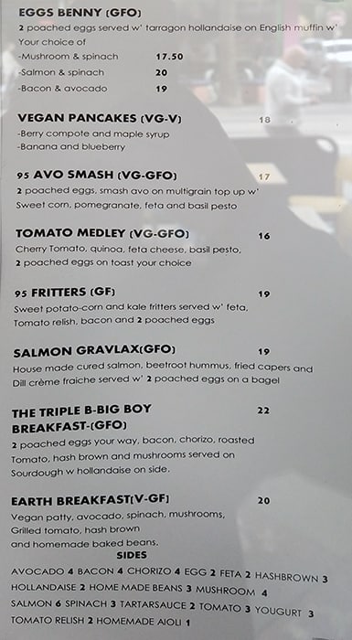 Menu at 95 Espresso restaurant, Saint Kilda