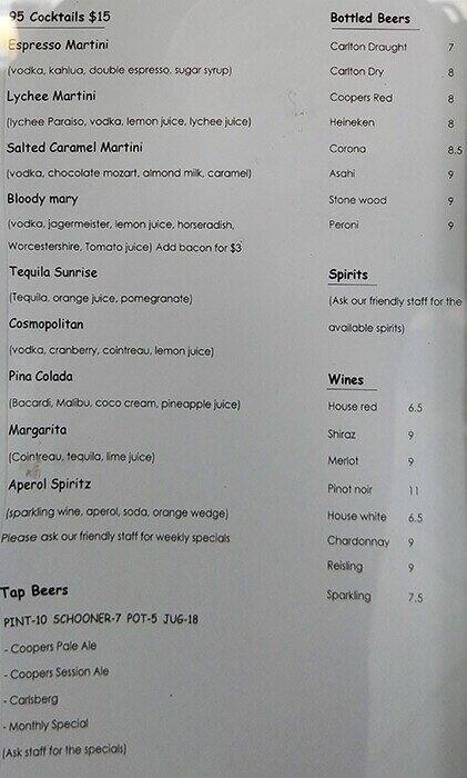 Menu at 95 Espresso restaurant, Saint Kilda