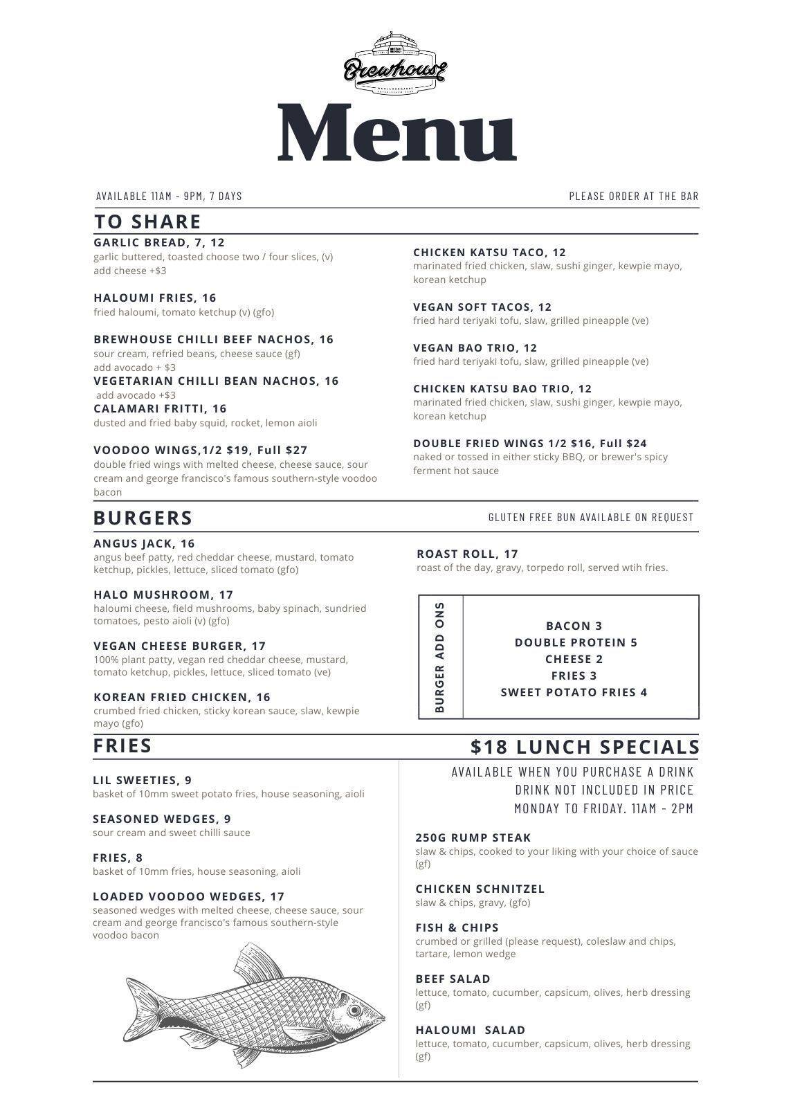 Menu at Brisbane Brewing Co. Woolloongabba pub & bar, Woolloongabba