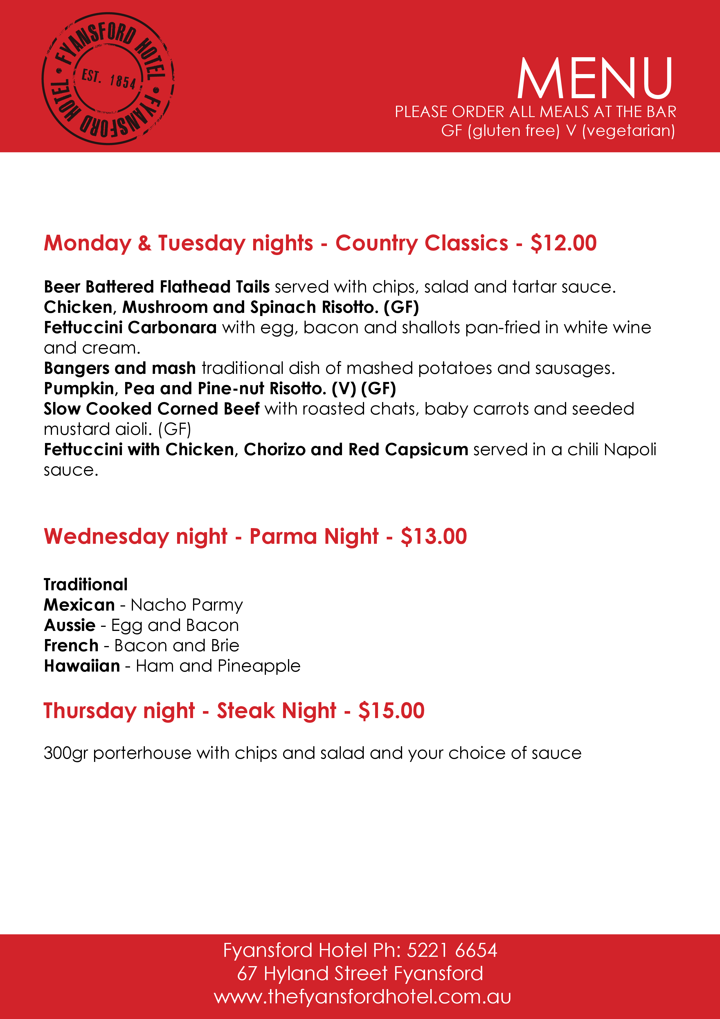 Menu at Fyansford Hotel pub & bar, Fyansford