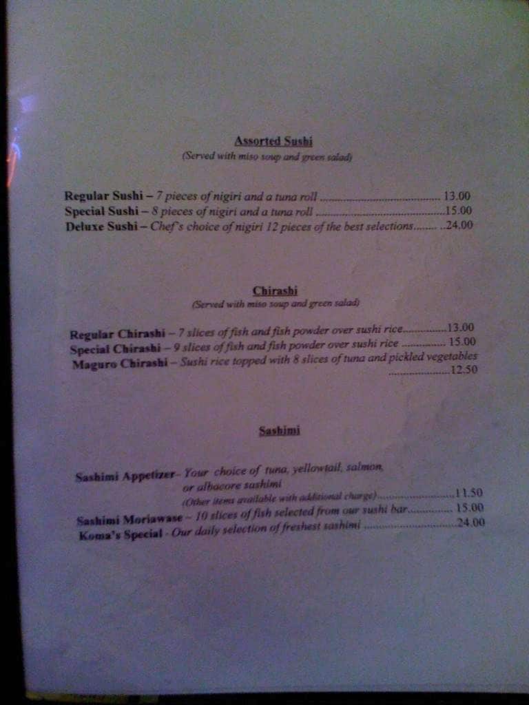 Menu at Koma Sushi restaurant, Menlo Park