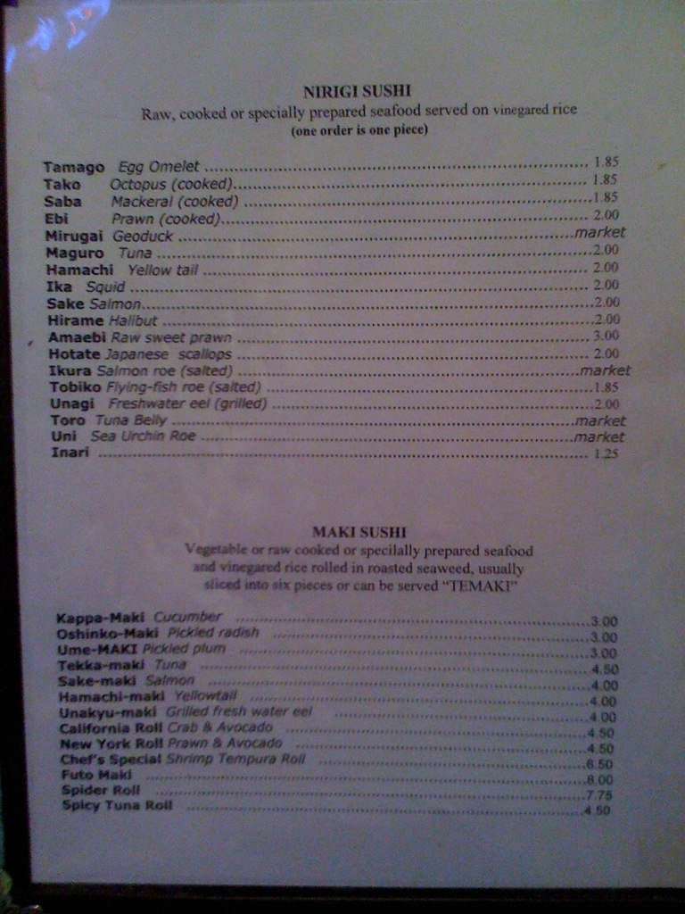 Menu at Koma Sushi restaurant, Menlo Park