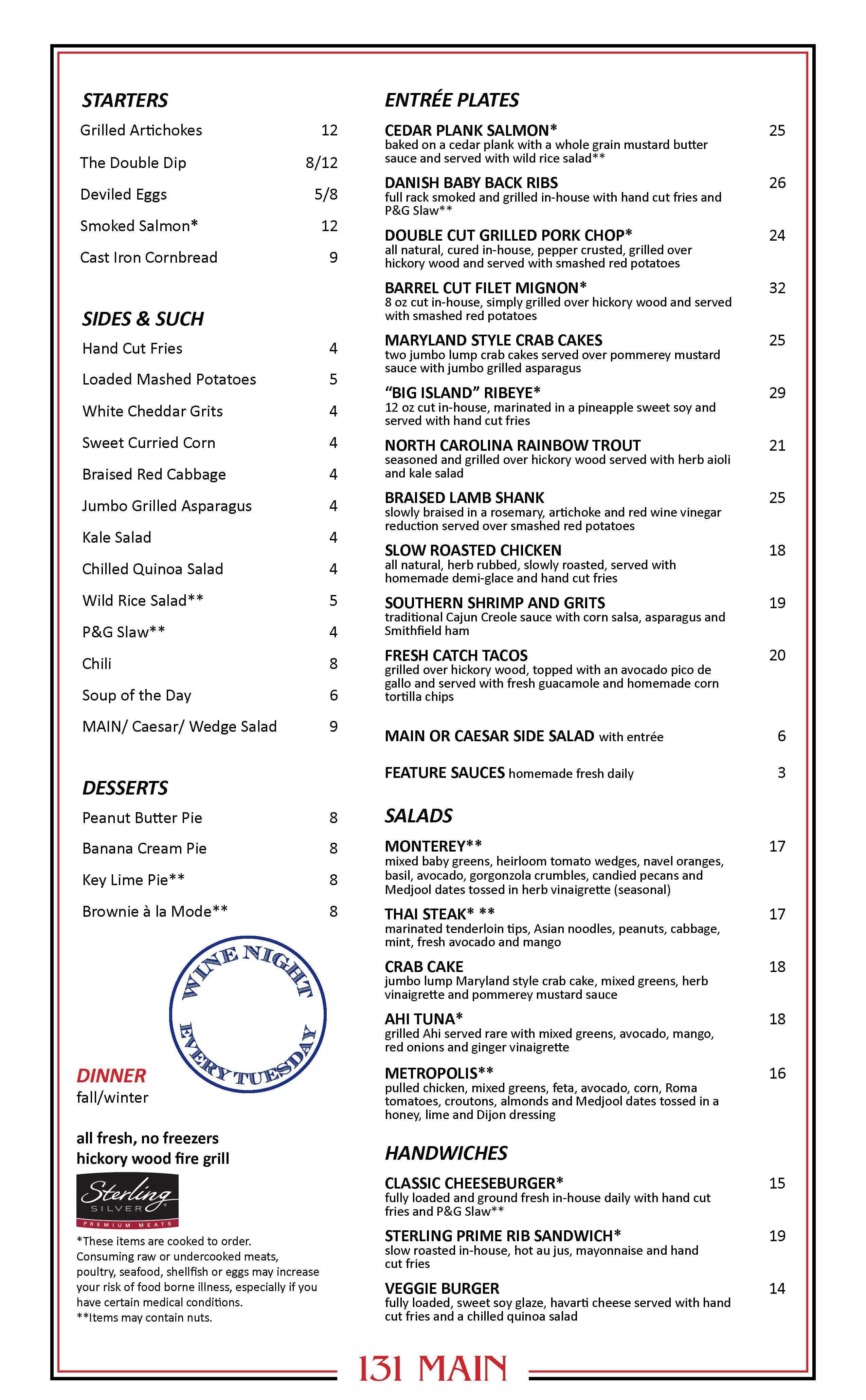 131 Main Menu, Menu for 131 Main, South Asheville, Asheville ...