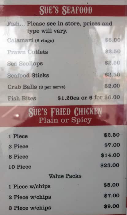 Menu at Sue's Cafe and Takeaway, Banksia Beach