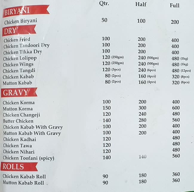 Menu at Bismillah Biryani Point, New Delhi