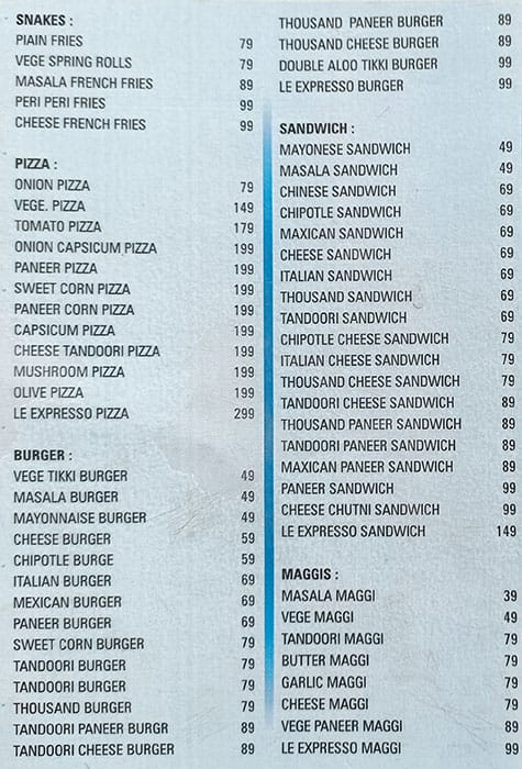 Menu of Le Expresso Food & Coffee, Talwandi, Kota