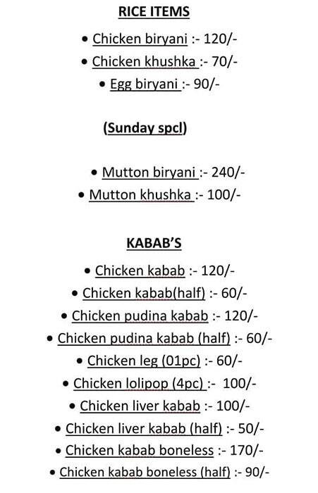 Menu of Fida Ambur Dum Biriyani And Kabab, Bannerghatta Road, Bangalore