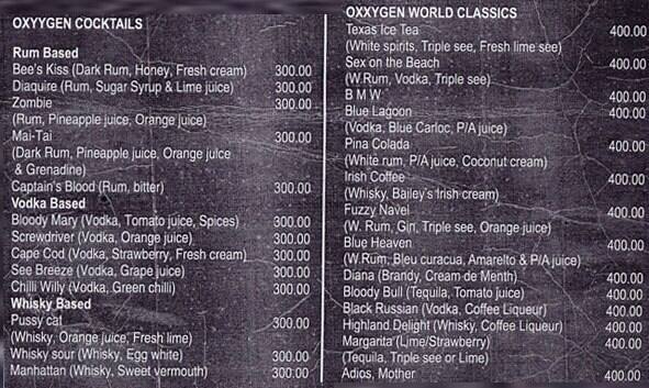 Menu at Oxygen, Bengaluru, 50 Brigade Road
