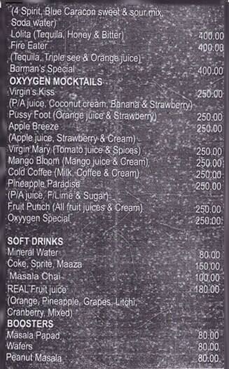 Menu at Oxygen, Bengaluru, 50 Brigade Road