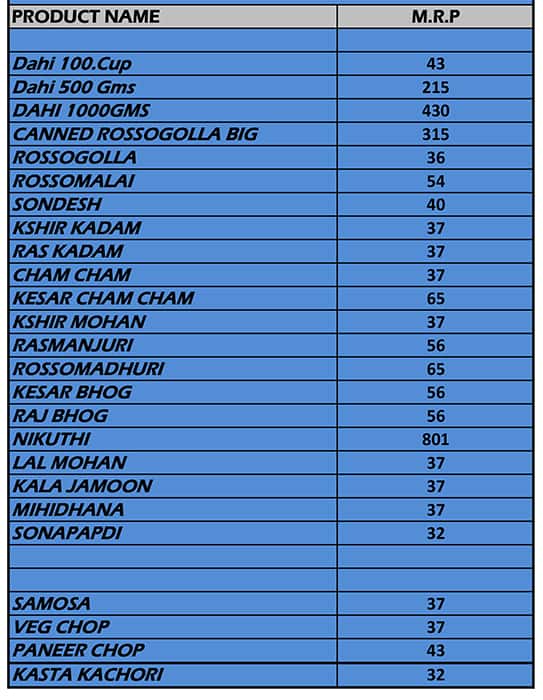 Menu of K C Das, HSR, Bangalore