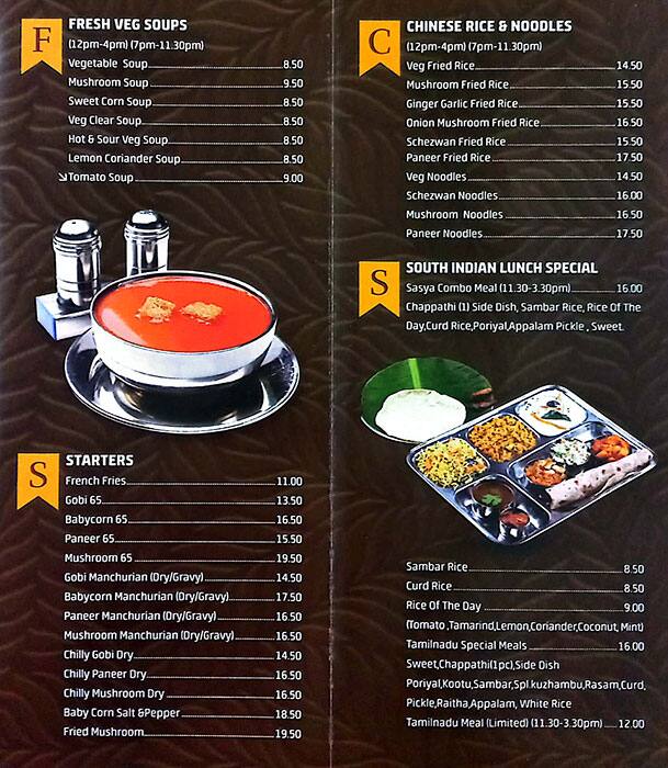 Menu of Sasya Pure Veg, Muwailih Commercial, Sharjah