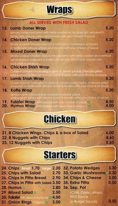 Menu at Efes restaurant, Sutton, 1C High St