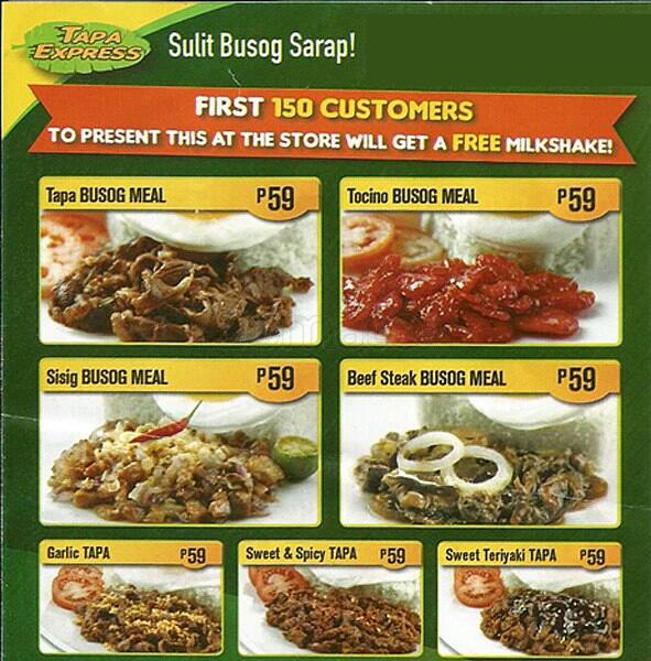 Menu at Tapa Express restaurant, Quezon City