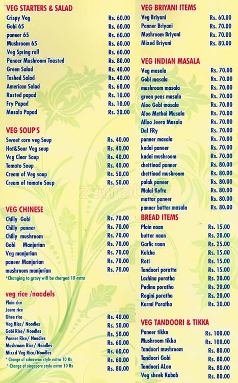 Menu at Paradise Garden, Chennai