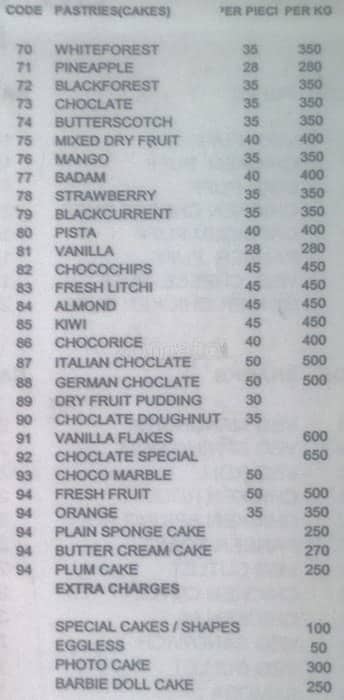 Menu at KS Bakers, Hyderabad, Kondapur Main Road