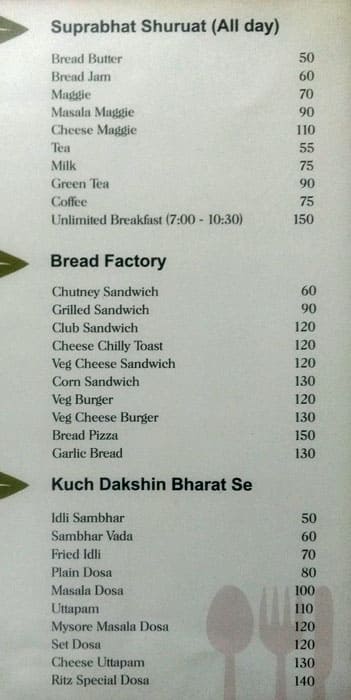 Menu of Ritz Restaurant, Dhole Patil Road, Pune