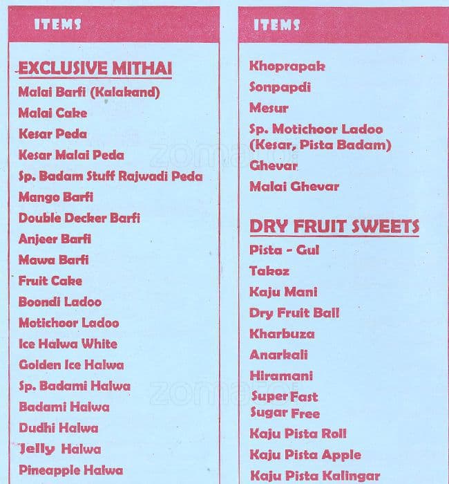 Menu of Desai Bhaishankar Gaurishankar, Kalbadevi, Mumbai