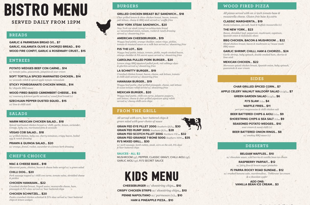 Menu at Pj's Irish Pub, Parramatta
