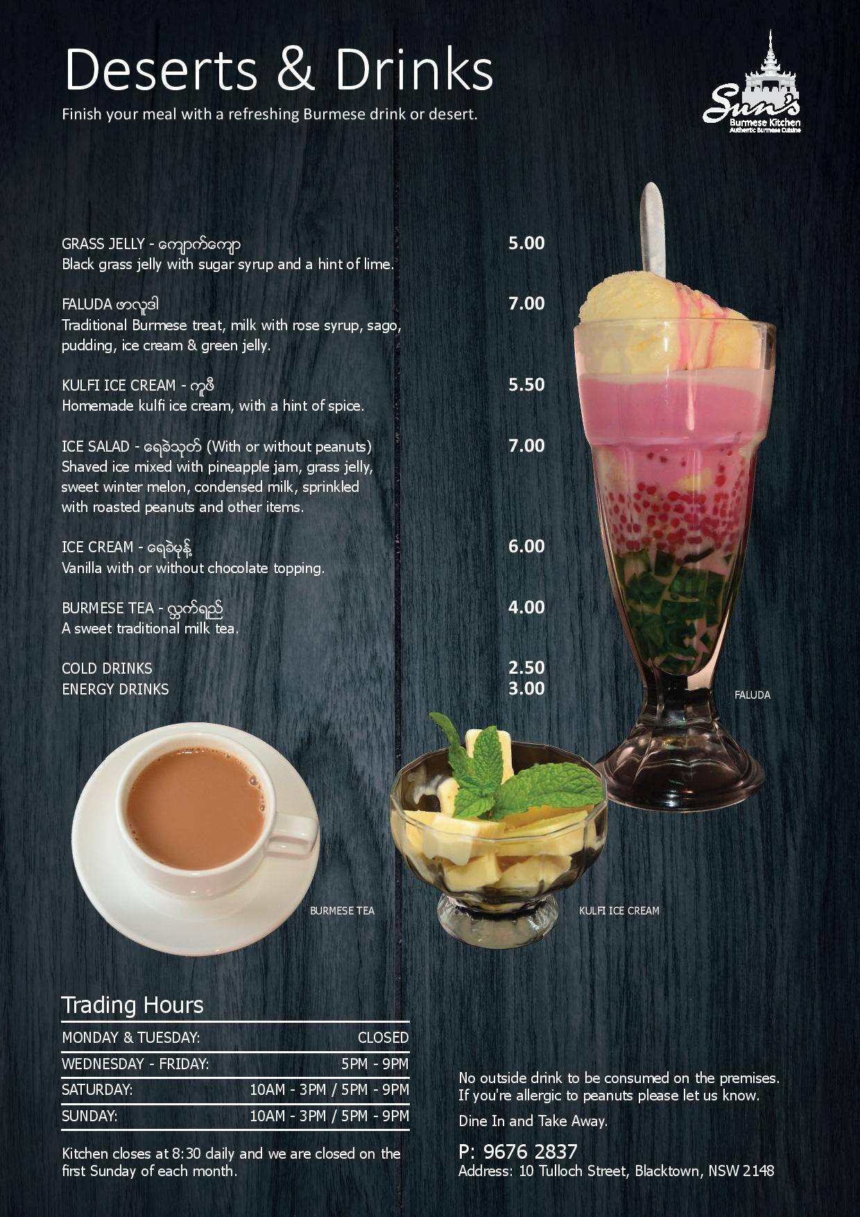 Menu at Sun's Burmese Kitchen restaurant, Blacktown
