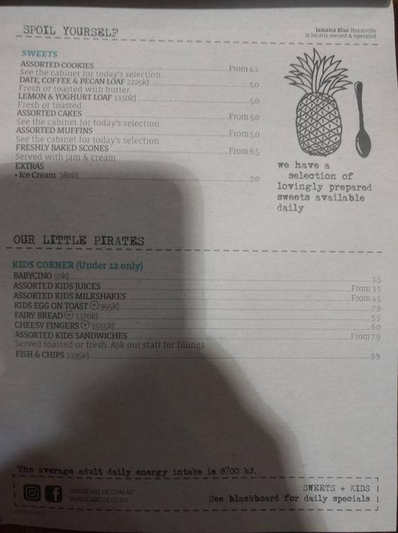 Menu at Jamaica Blue restaurant, Hurstville