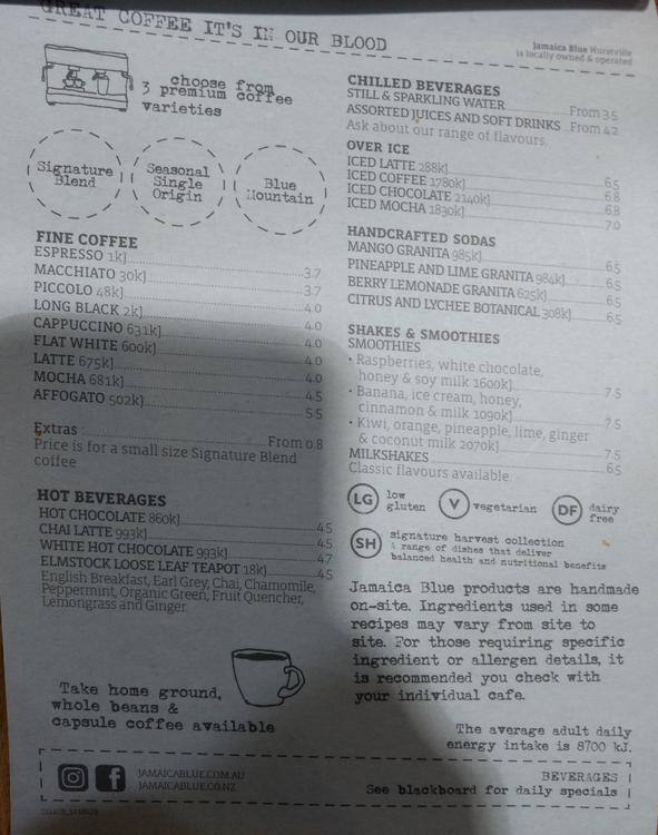 Menu at Jamaica Blue restaurant, Hurstville