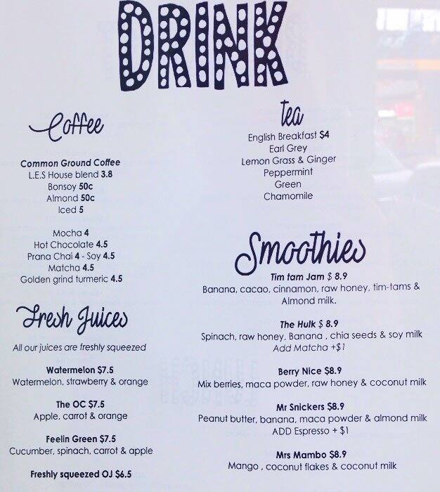 Menu at Little Miss Cafe, Balaclava