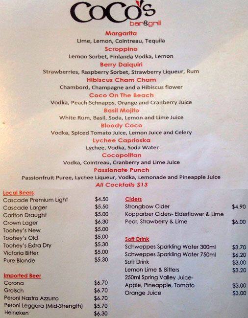 Carta de Coco's Bar & Grill, Kingsford
