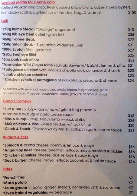 Carta de Coco's Bar & Grill, Kingsford