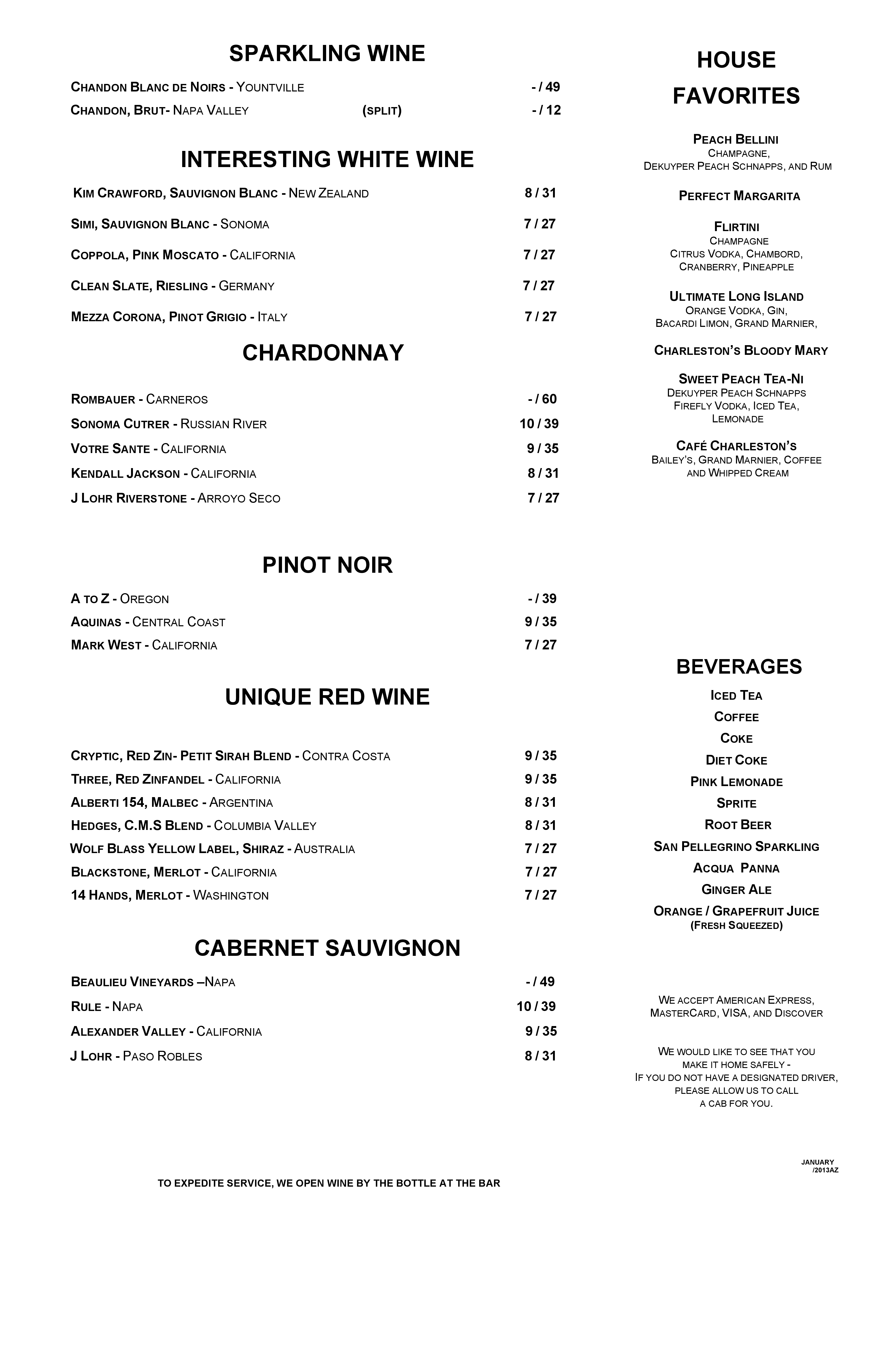 Menu at Charleston's Restaurant, Scottsdale, N Scottsdale Rd