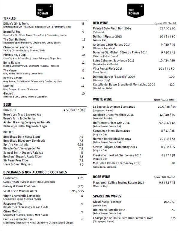 Menu at The Rowan restaurant, Ottawa