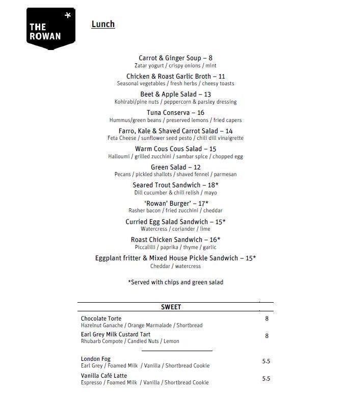 Menu at The Rowan restaurant, Ottawa