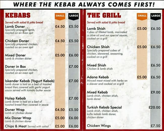 Menu at The Turkish Kebab restaurant, London