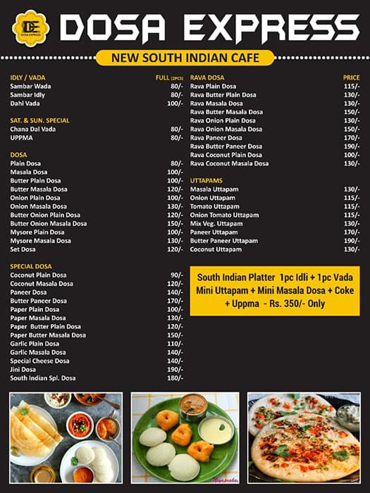 Menu of Dosa Express, Charmwood Village, Faridabad