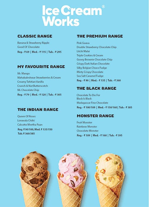Menu of Ice Cream Works, Breach Candy, Mumbai