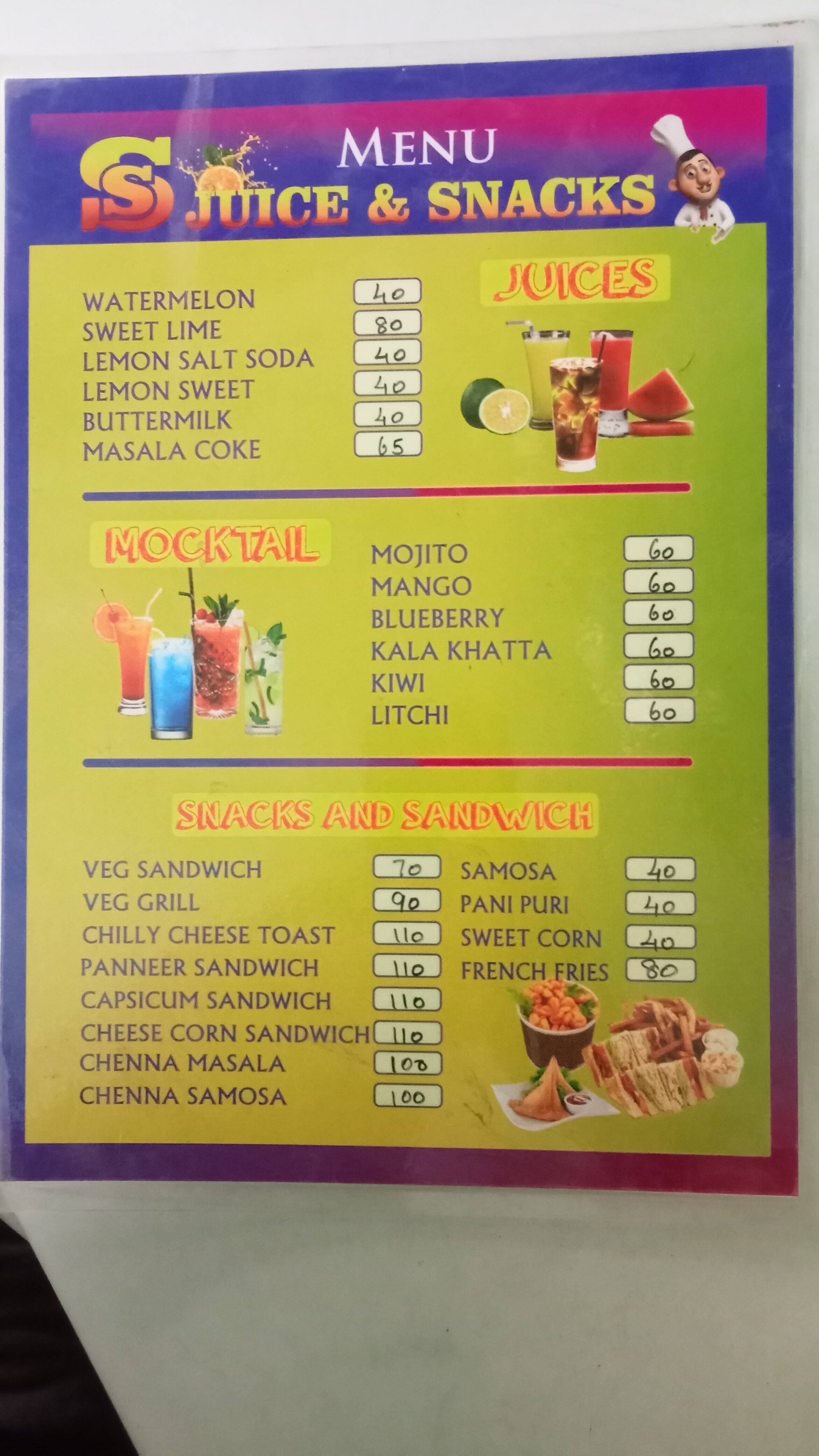 Menu of SS Juice And Snacks, K.K. Nagar, Chennai